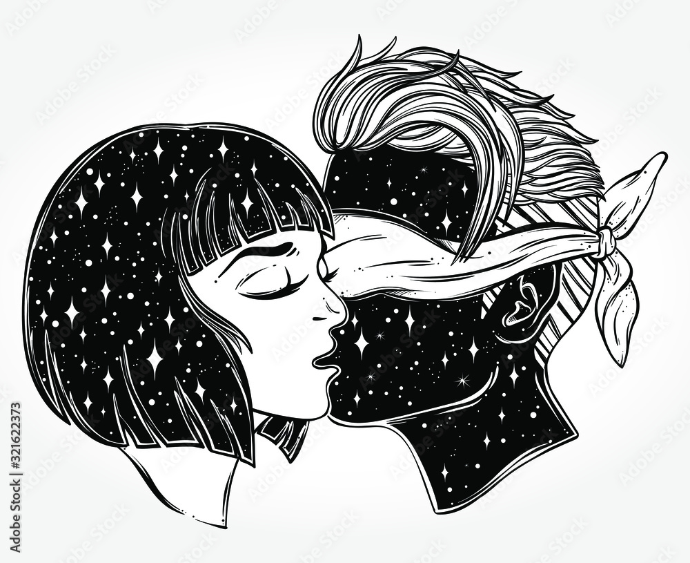 Beautiful artwork of young couple kissing. Outer space on her hair ...