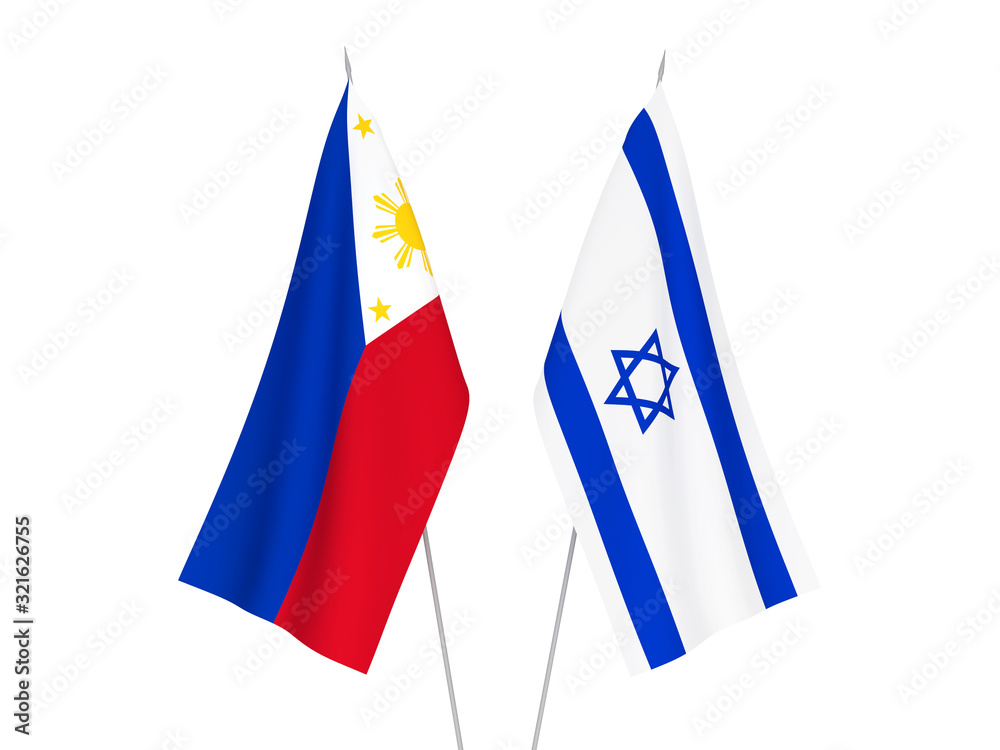 National fabric flags of Philippines and Israel isolated on white ...