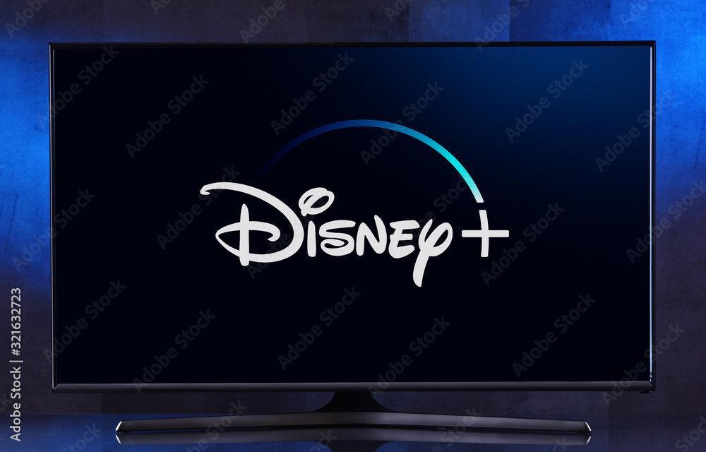Flat-screen TV set displaying logo of Disney+ Stock Photo | Adobe Stock