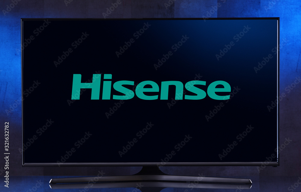 Flat-screen TV set displaying logo of Hisense Stock Photo | Adobe Stock