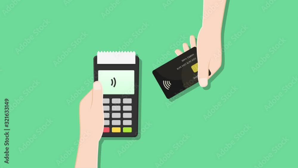 Paying with contactless card. Hand moving card close to the POS ...