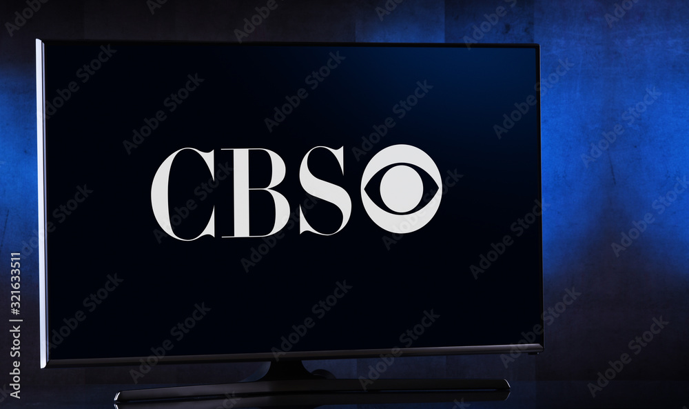 Flat-screen TV set displaying logo of CBS Stock Photo | Adobe Stock