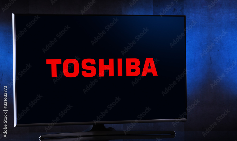 Flat-screen TV set displaying logo of Toshiba Stock Photo | Adobe Stock
