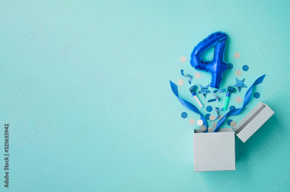 Number 4 birthday balloon celebration gift box lay flat explosion Stock ...