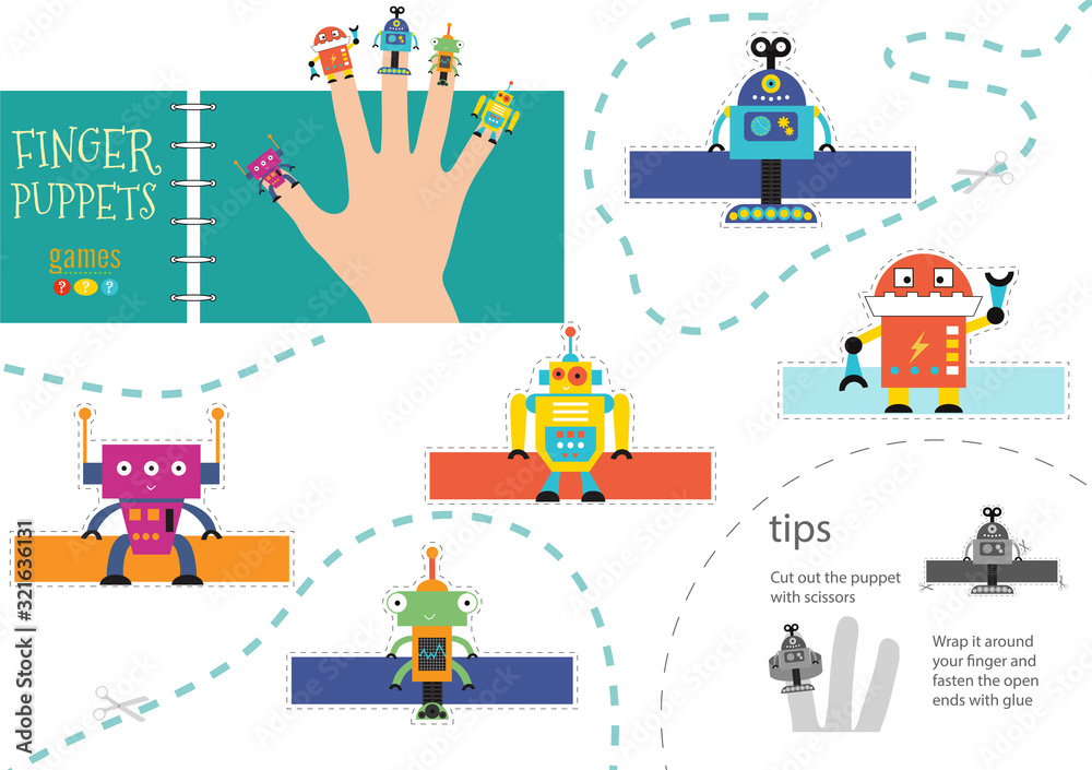 5 finger puppet vector robots. Cutout educational worksheet for ...