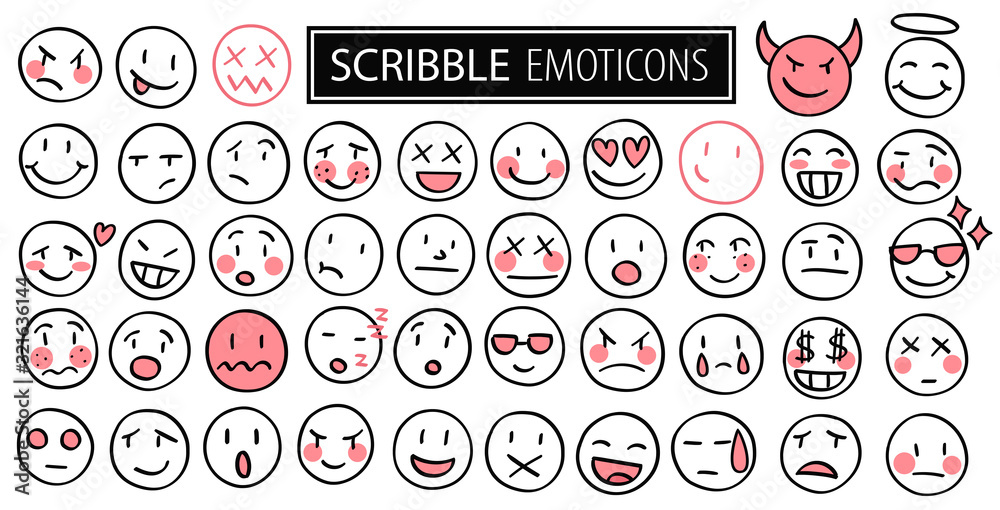 Doodle big set vector hand drawn sketch faces. Scribble black outline ...