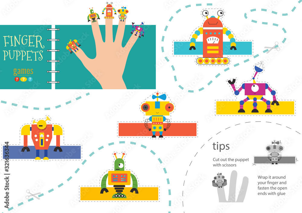 Finger puppet vector robots. Cut and glue simple educational worksheet ...