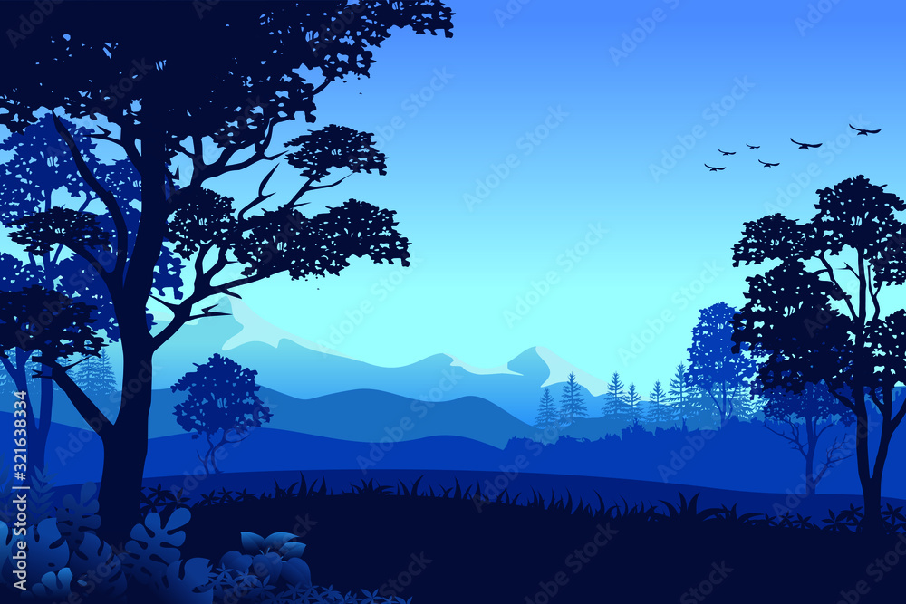 Vector blue landscape misty forest with silhouettes of Trees, bushes ...