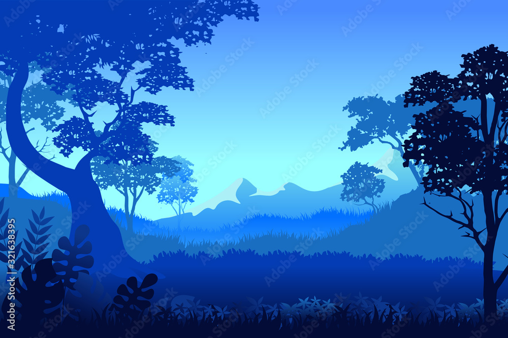 Vector blue landscape misty forest with silhouettes of Trees, bushes ...