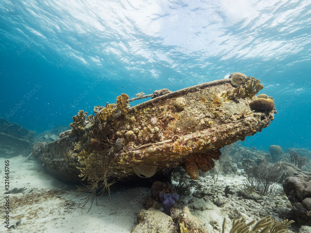 Ship wreck "Tugboat Saba" in shallow water of coral reef in Caribbean ...
