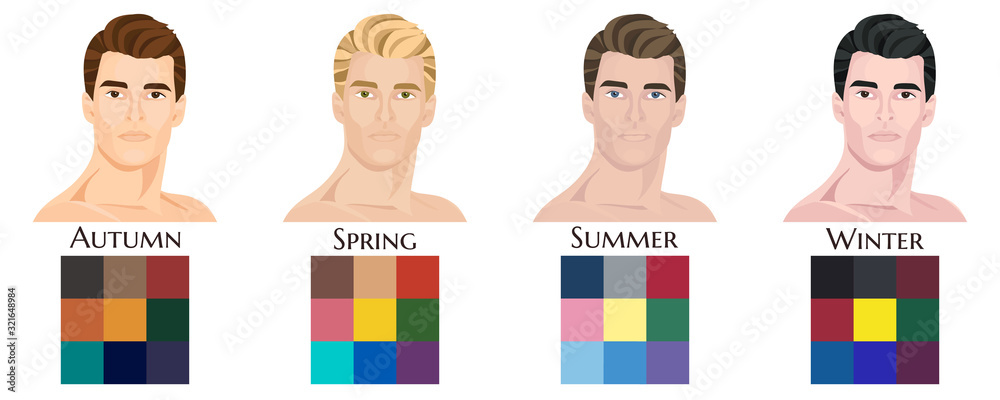 Seasonal color analysis. Set of vector hand drawn men with different ...
