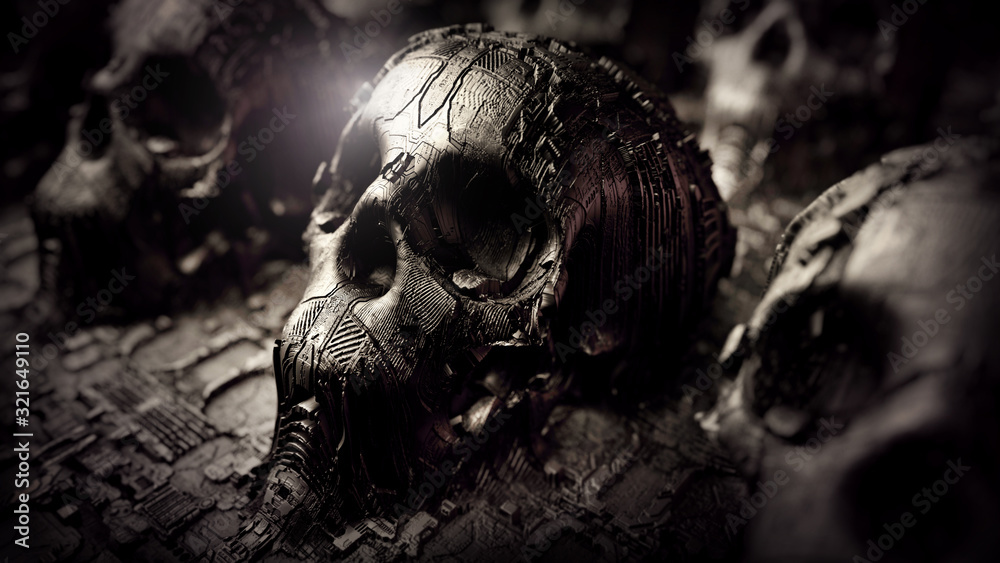 Occult still life with human skulls. Alien technology on a science ...