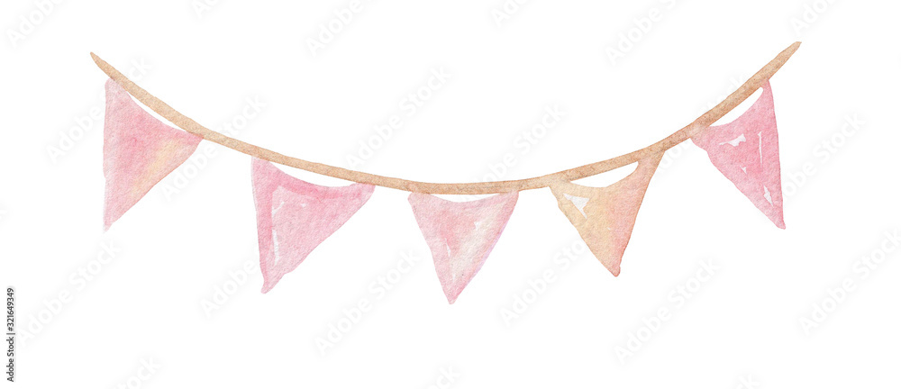 Watercolor cute pink triangle flags garland for holiday and birthday ...