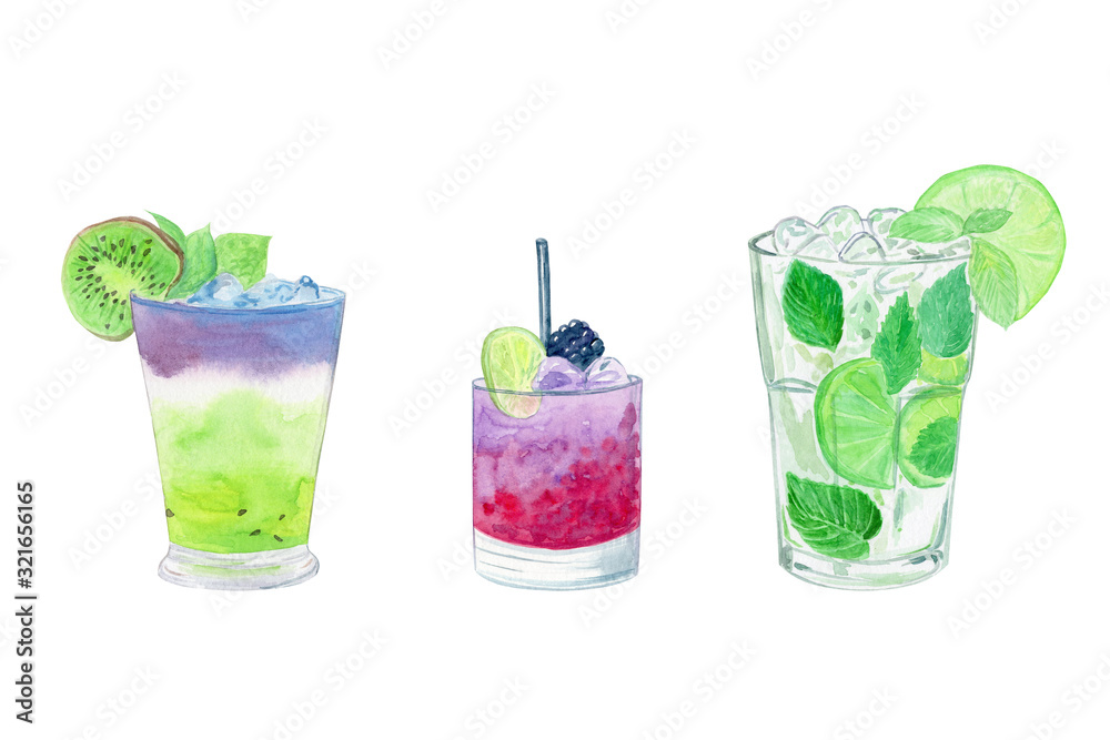 watercolor hand drawn green fruit cocktails collection isolated on ...