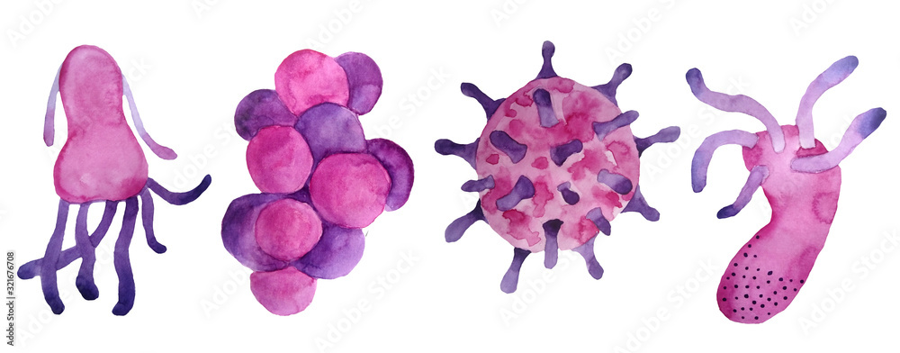 Hand drawn watercolor pink purple viruses and bacteria isolated set ...