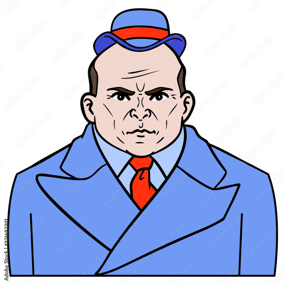 Vector drawing of an evil-eyed gangster boss with a hat and blue suit ...
