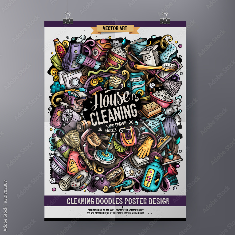 Cartoon colorful hand drawn doodles Cleaning poster Stock Vector ...