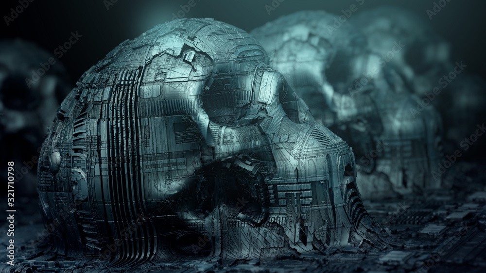 Occult still life with human skulls. Alien technology on a science ...