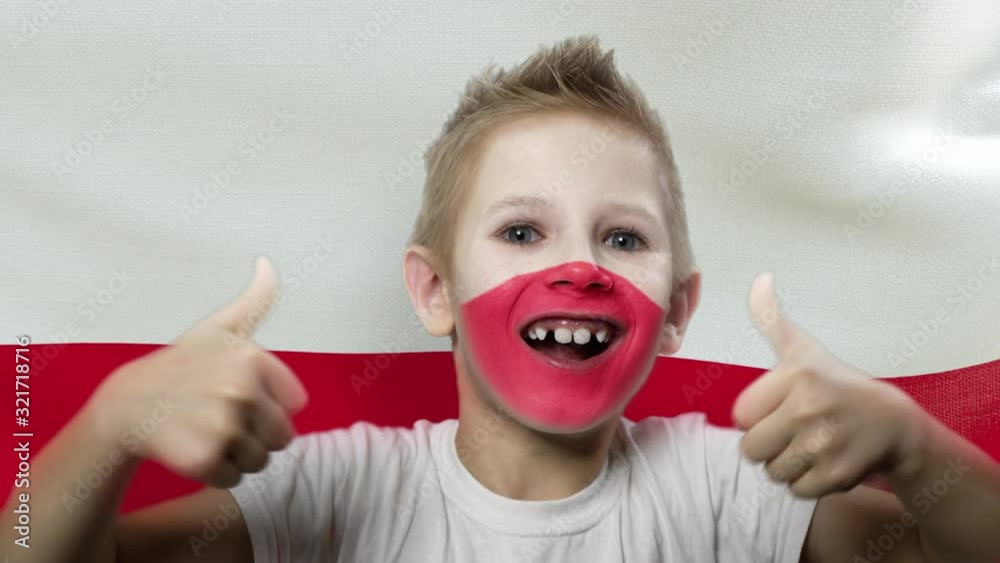 Joyful fan on the background of the flag of Poland. Happy boy with ...