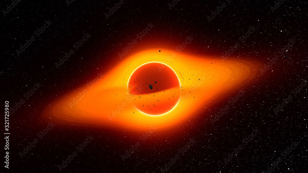 Supermassive black hole on cosmos, space. Accretion disk and rotating ...
