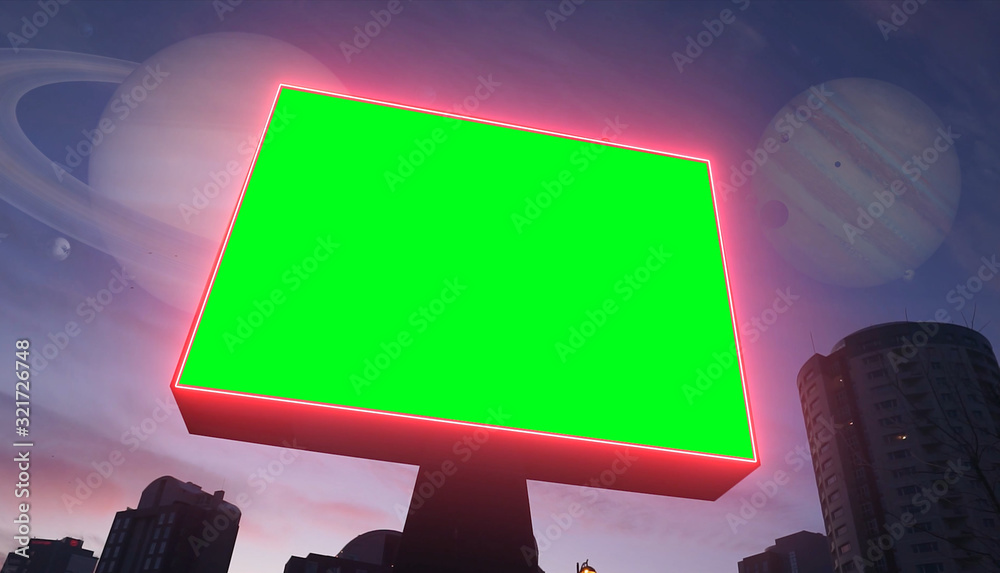 Green screen billboard and urban city and sky with big planets Jupiter ...