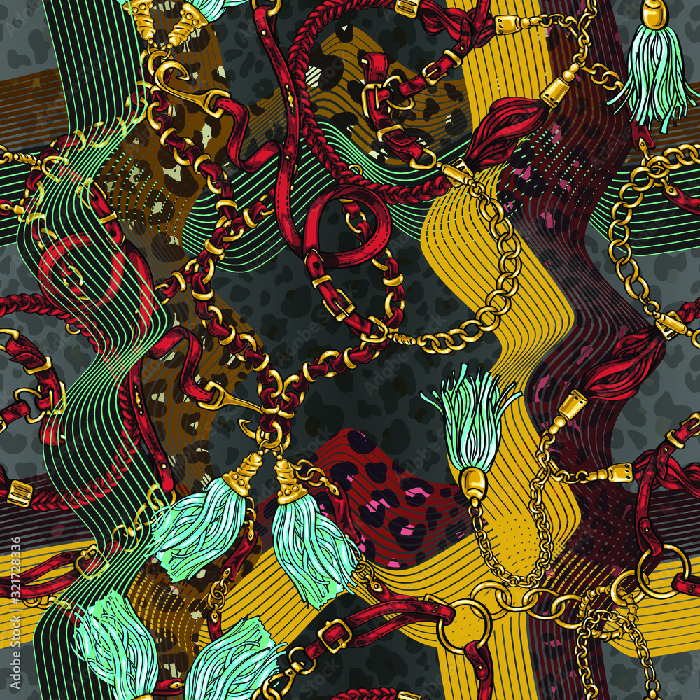 Abstract vector seamless pattern with waves, chains, belts and leopard ...