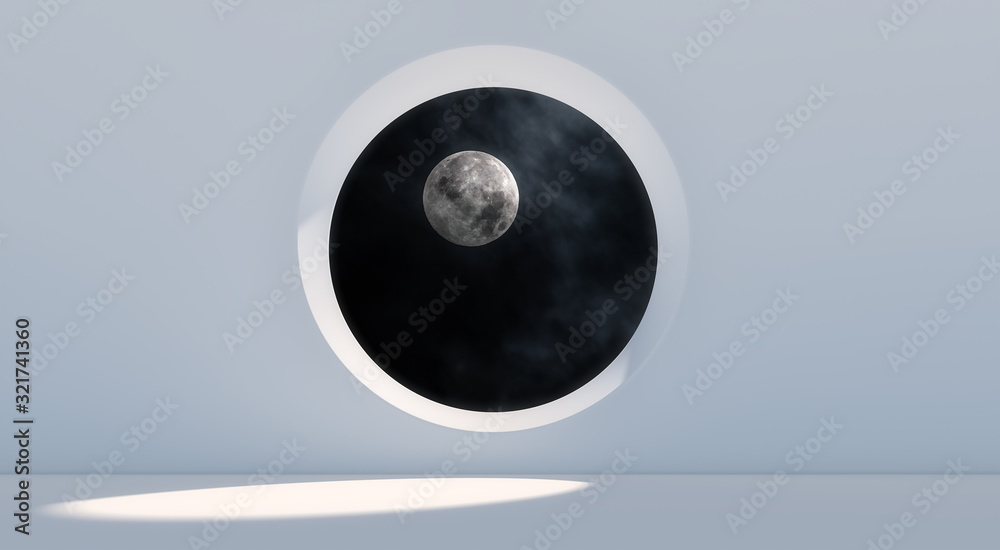 White room with a round window. Looking on the moon. 3D Rendering Stock ...