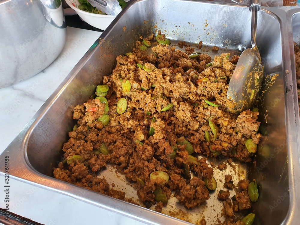 Ground pork stirred with curry paste and smelly beans. Red curry ground ...
