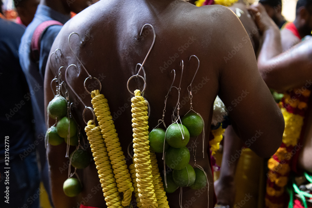 The back of Hindu devotee. Pierced metal hooks with limes hanging on ...