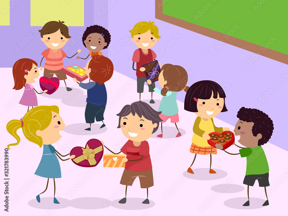 Stickman Kids Exchange Chocolates Illustration Stock Vector | Adobe Stock