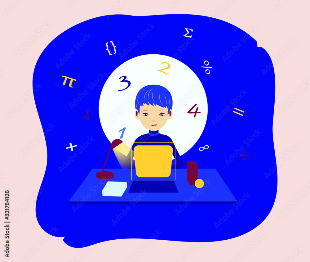 Young boy studying math, algebra, physics, on the desk with a laptop ...