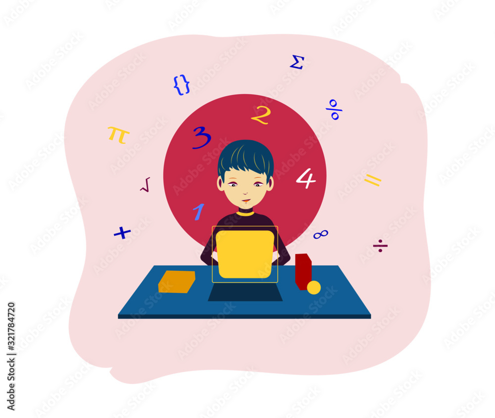 Young boy studying math, algebra, physics, on the desk with a laptop ...