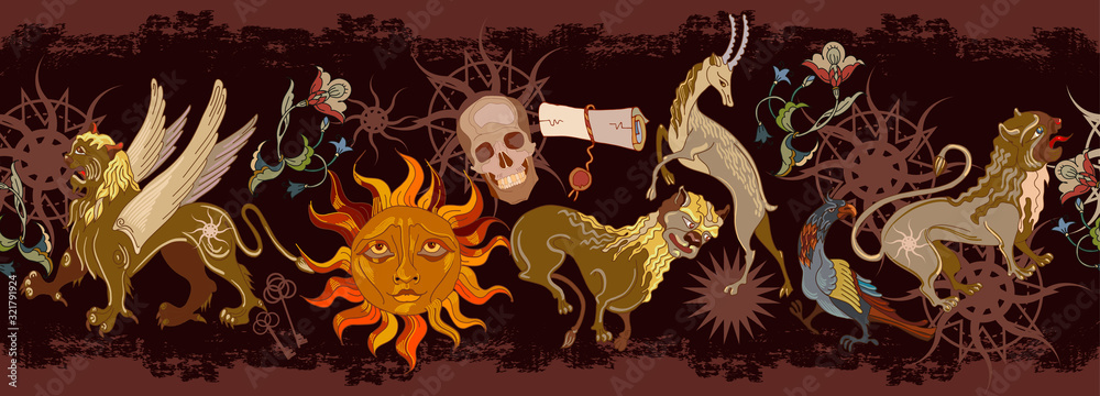 Medieval horizontal seamless pattern. Middle Ages occult parchment ...