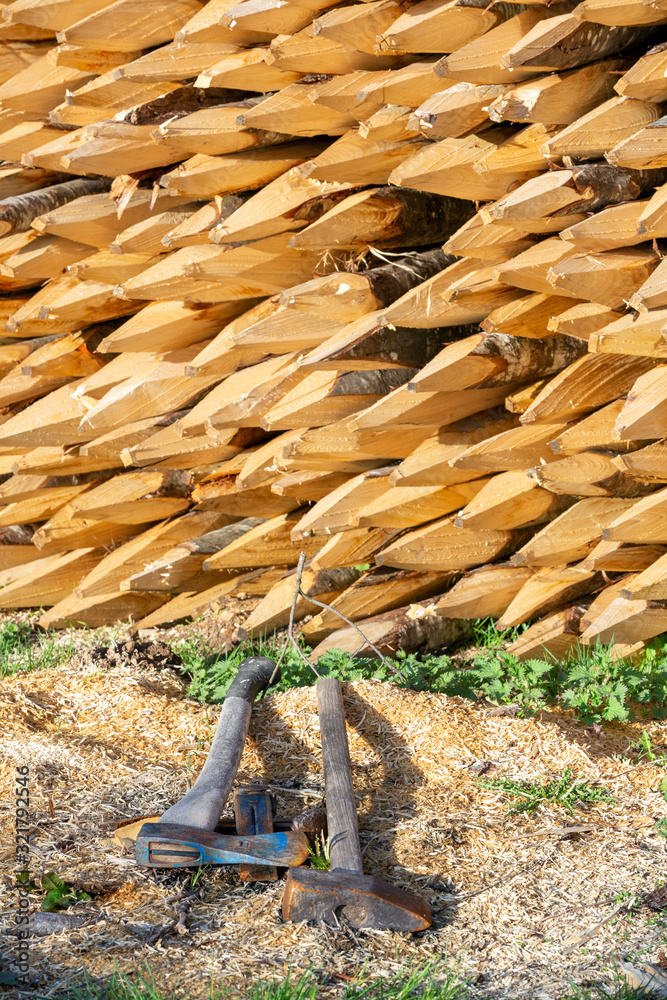 Stacked manually chopped wood into tree stakes with a sharpened end ...