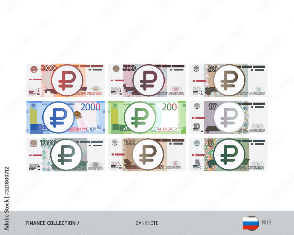 Russian Ruble Banknotes set. Flat style highly detailed vector ...
