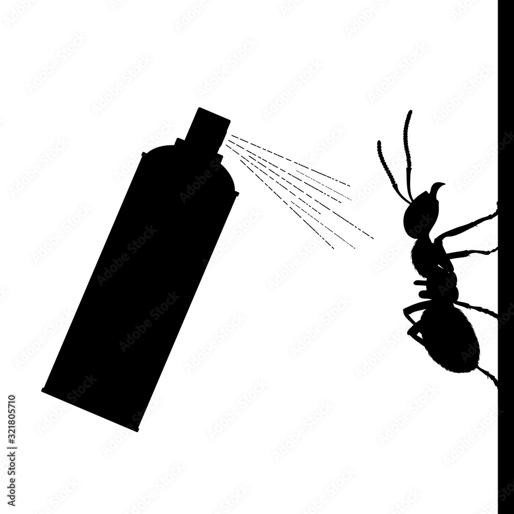 Vector silhouette of ants spray on white background. Symbol of annoying ...