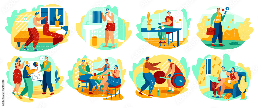 Vetor de Daily routine of man hand draw character vector illustration ...