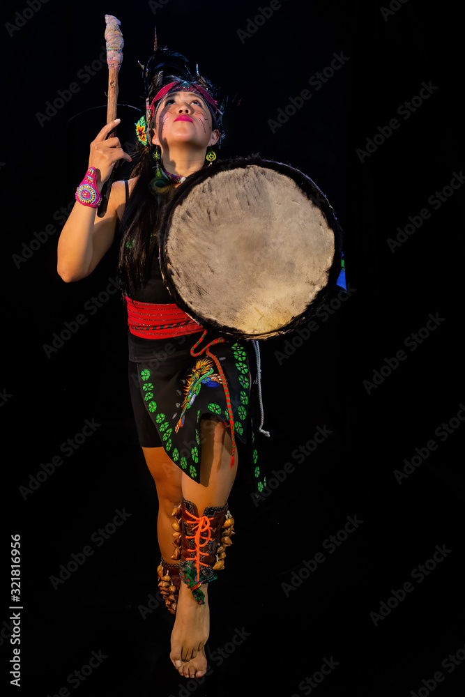 young woman Teotihuacana, Xicalanca - Toltec in black background, with ...