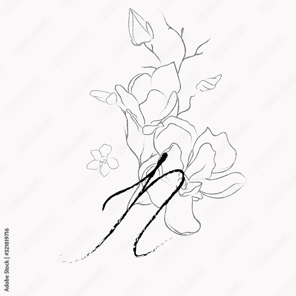 Handwritten Floral Logo Template. Line Drawing Monogram N with Magnolia ...