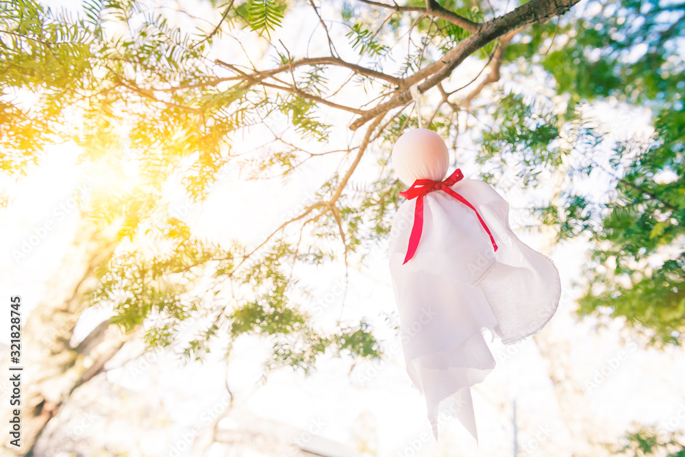 Teru Teru Bozu. Japanese Rain Doll hanging on Sakura tree to pray for ...