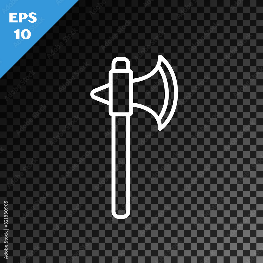 White line Medieval axe icon isolated on transparent dark background ...