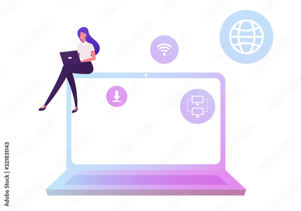 Businesswoman Working on Laptop Using Wifi Connection for Research ...