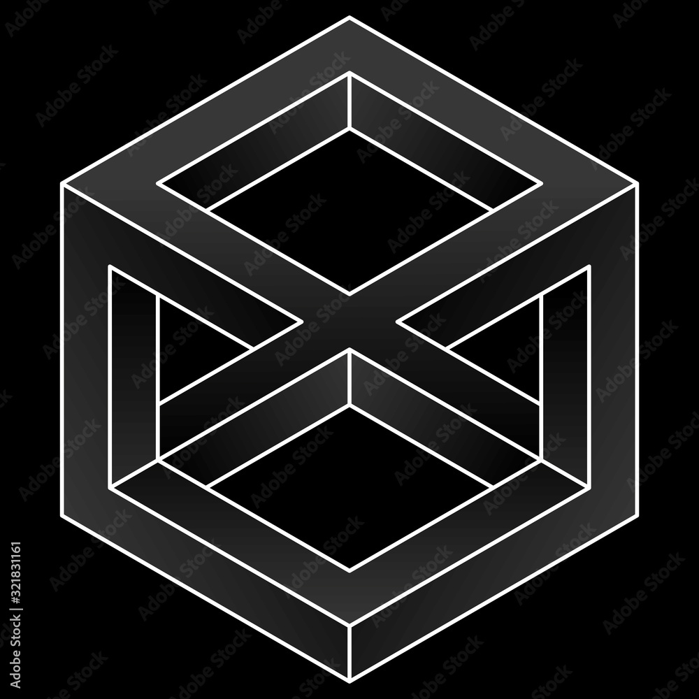 Impossible cube icon. White vector optical illusion shape on black ...