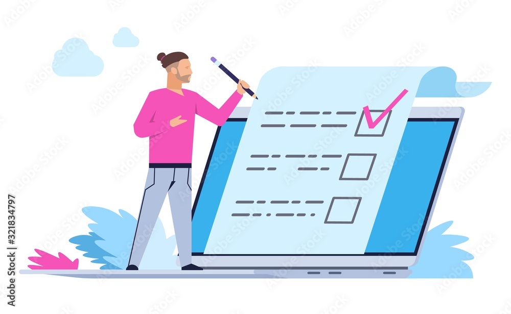 Man fill out online form. Cartoon person with laptop puts a mark ...