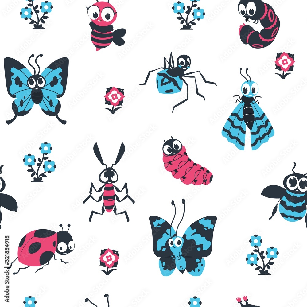 Cute cartoon insects seamless pattern. Beetles and bees with happy face ...