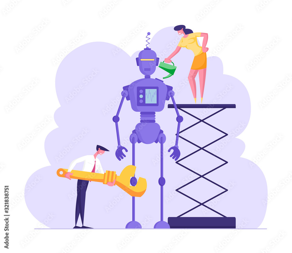 Cyborg Creating Process. Engineers or Business People Characters Set Up Huge Robot. Woman with ...