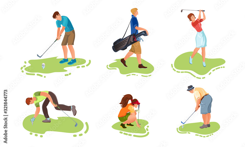 Set of different young people playing golf on the grass. Vector ...