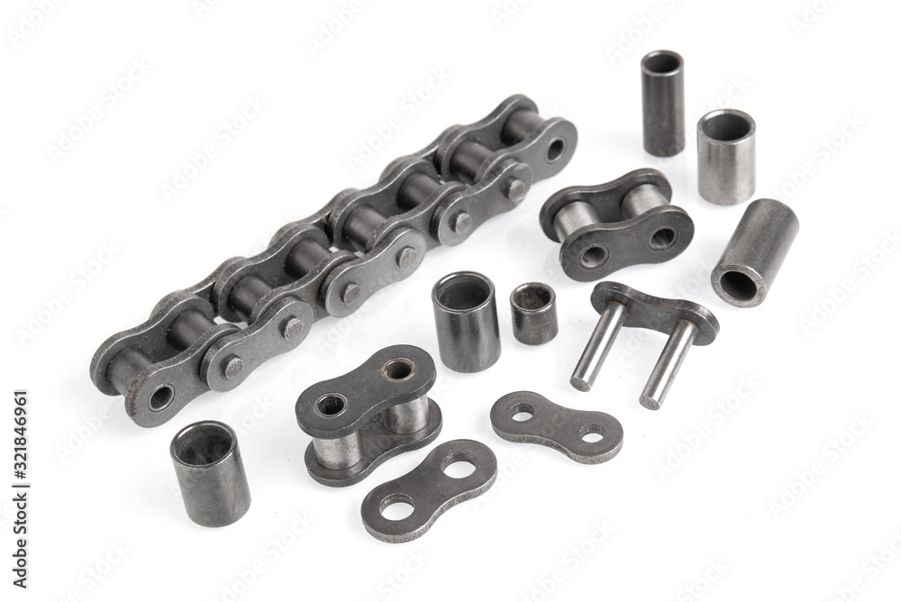 Driving roller chain and parts isolated on a white background Stock ...