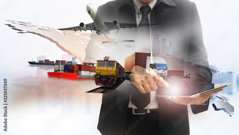 Double exposure of man with world map for logistic network distribution ...