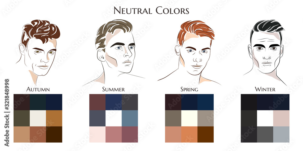 Seasonal color analysis. Vector hand drawn men with different types of ...